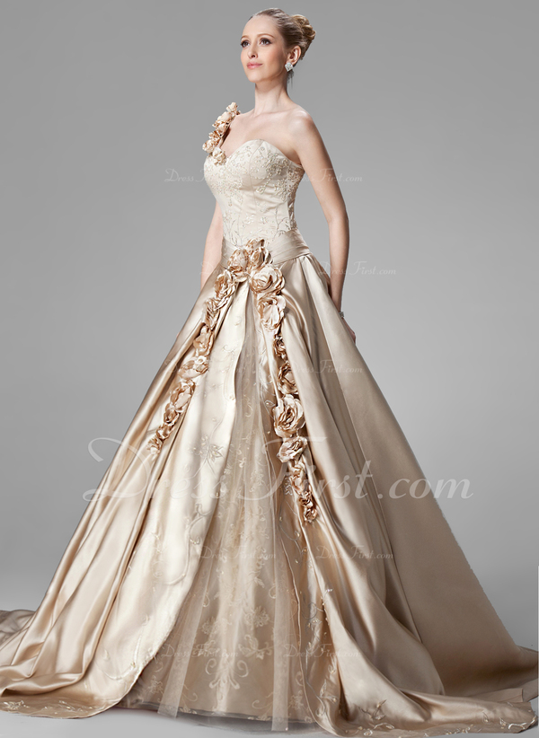 Ball Gown One Shoulder Chapel Train Satin Wedding Dress With Ruffle