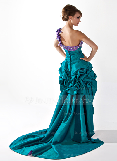 A-Line/Princess One-Shoulder Asymmetrical Taffeta Prom Dresses With ...