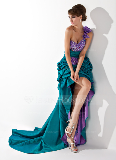 A-Line/Princess One-Shoulder Asymmetrical Taffeta Prom Dresses With ...