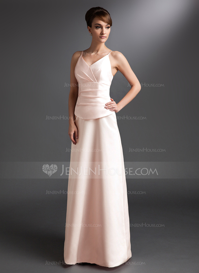 A-Line/Princess V-neck Floor-Length Satin Bridesmaid Dress With Ruffle ...