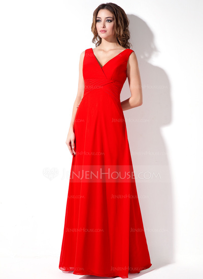 A-Line/Princess V-neck Floor-Length Chiffon Bridesmaid Dress With ...